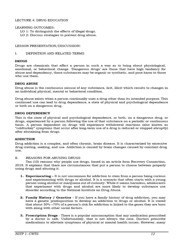 NSTP Lecture 4 Drug Addiction | PDF | Substance Abuse | Methamphetamine