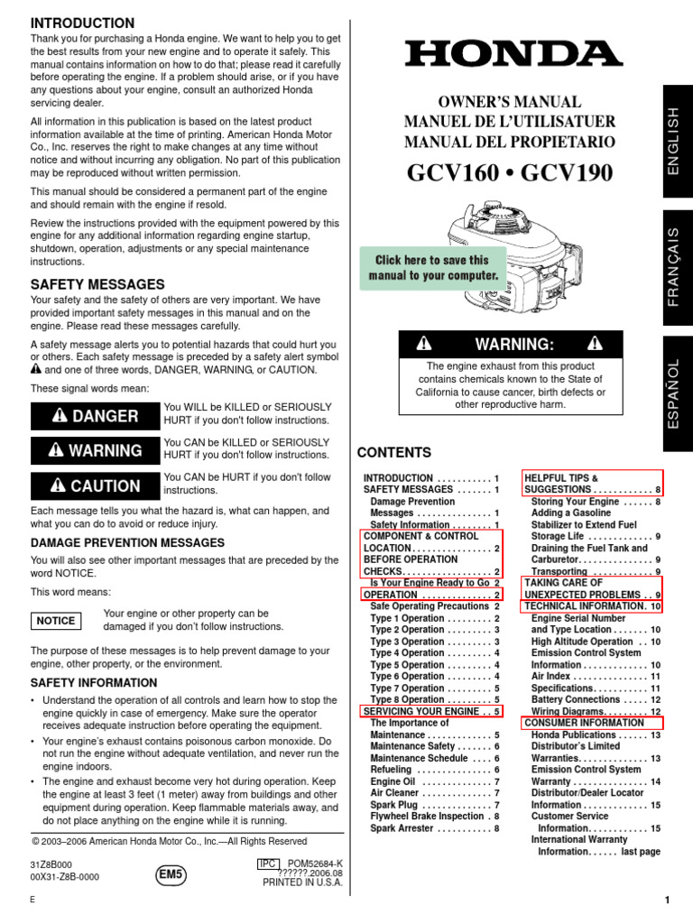 Honda GCV190 Engine Owner's Manual | PDF | Throttle | Gasoline