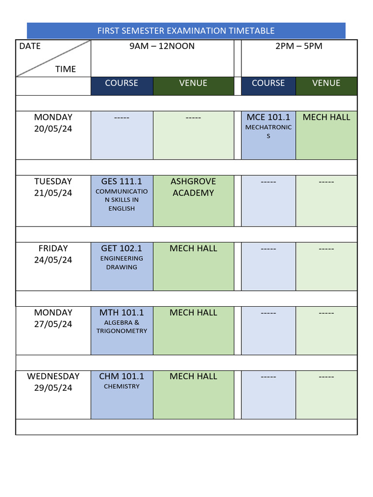 MECHATRONICS DEPT. FIRST SEMESTER EXAMINATION TIMETABLE | PDF