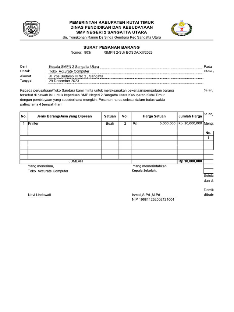 Surat Pemesanan Barang | PDF
