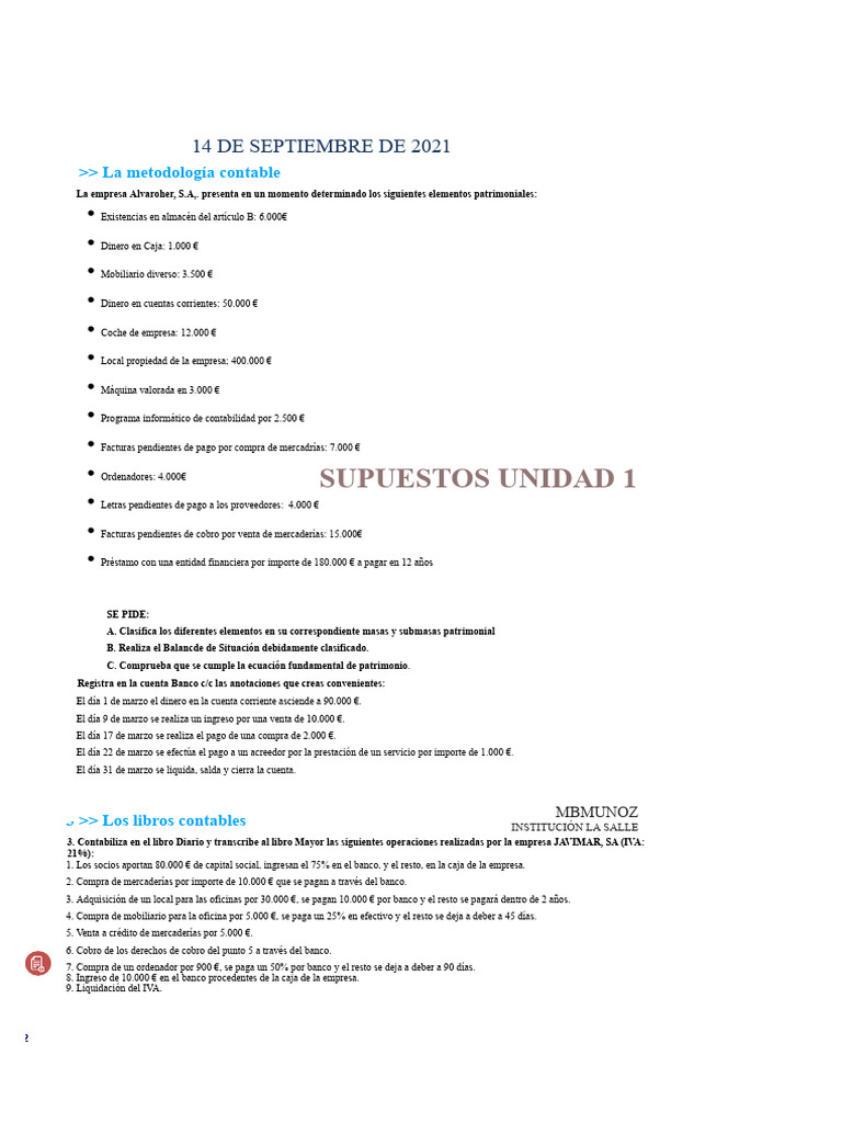 SUPUESTOS UNIDAD 1 - Contabilidad | PDF | Contabilidad | Bancos