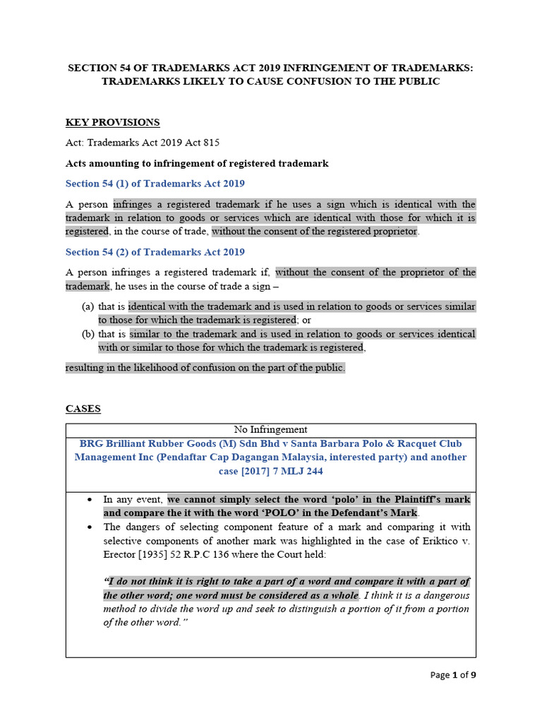 Section 54 - Infrigement of Trademarks Research New | PDF | Trademark | Burden Of Proof (Law)