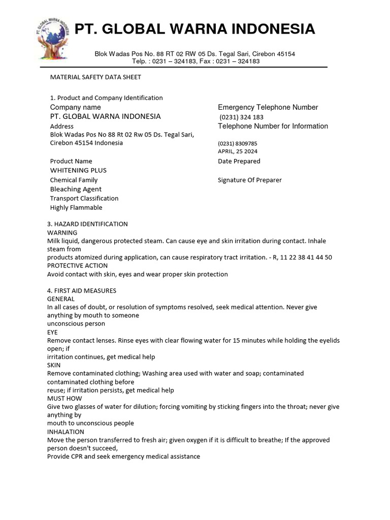 MSDS Whitening Plus 2024 | PDF | Fires | Carbon Dioxide