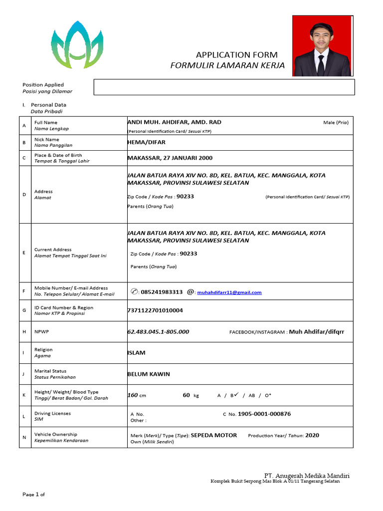 Application Form - Karyawan Baru PT. Anugerah Medika Mandiri 2 | PDF