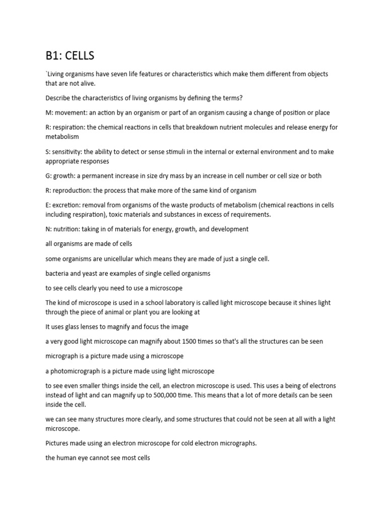 B1: Cells | PDF | Cell (Biology) | Chloroplast