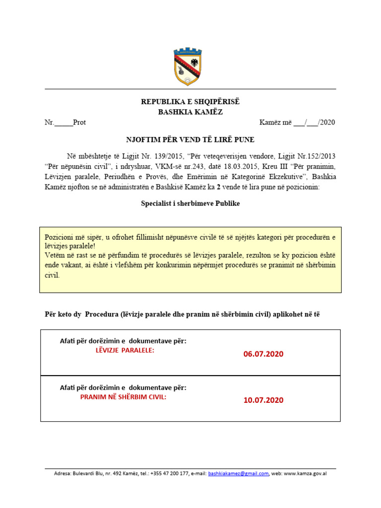 Vende Te Lira Pune Specialist I Sherbimeve Publike Kamez | PDF