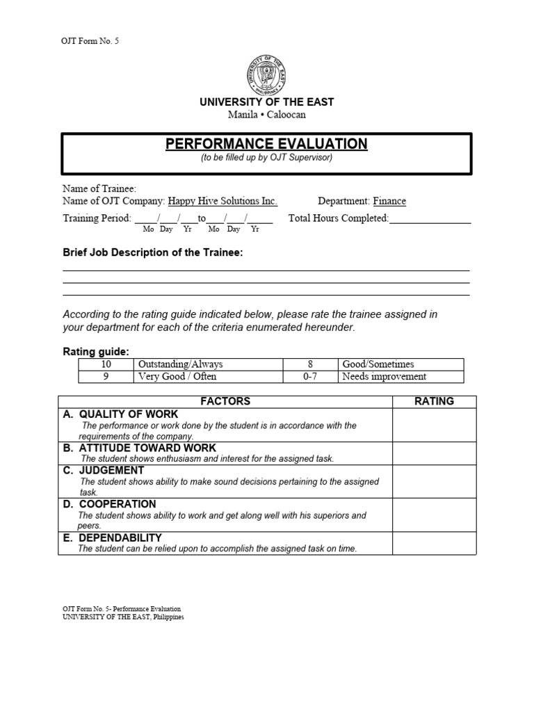 OJT Form 5 - Performance Evaluation | PDF | Performance Appraisal | Psychology