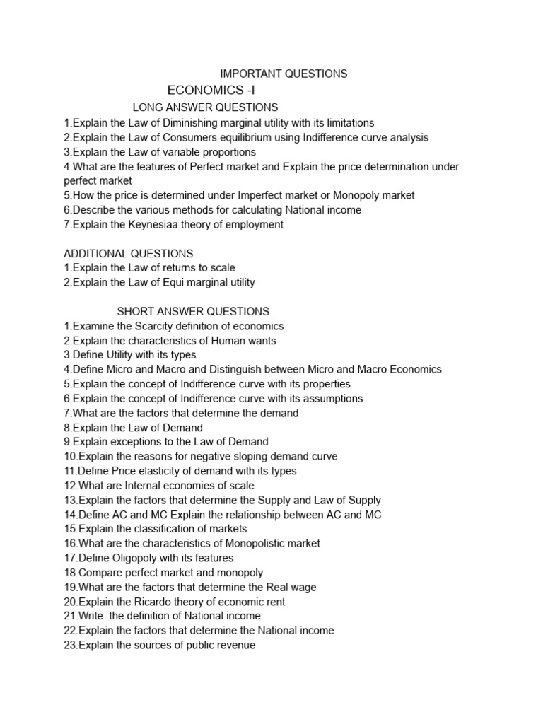 Important Questions Economics - 1 | PDF | Economics | Perfect Competition