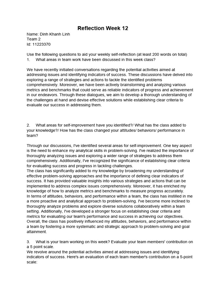 Reflection Week 12 - Đinh Khánh Linh - 11223370 | PDF | Performance Indicator | Knowledge