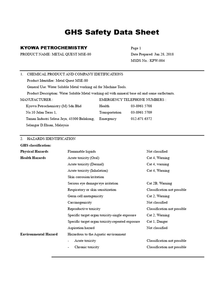 Sds 004w Mse 80 Pdf Toxicity Dangerous Goods