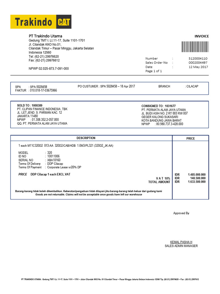 Invoice Exca Cat 320D2 2017 | PDF