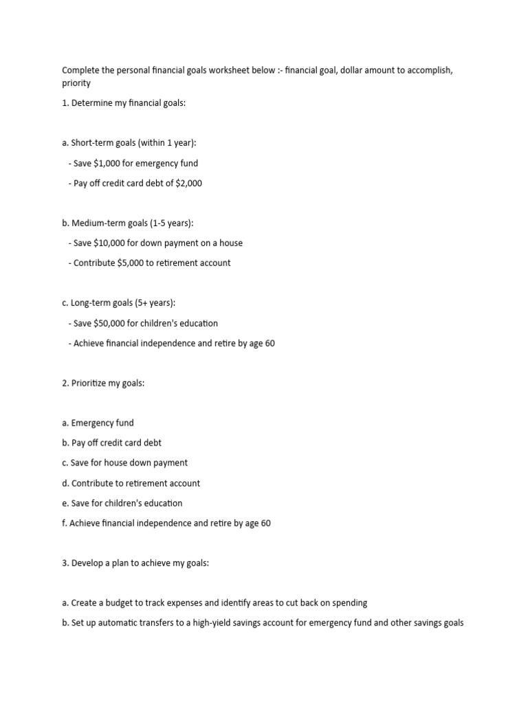 Complete The Personal Financial Goals Worksheet Below | PDF