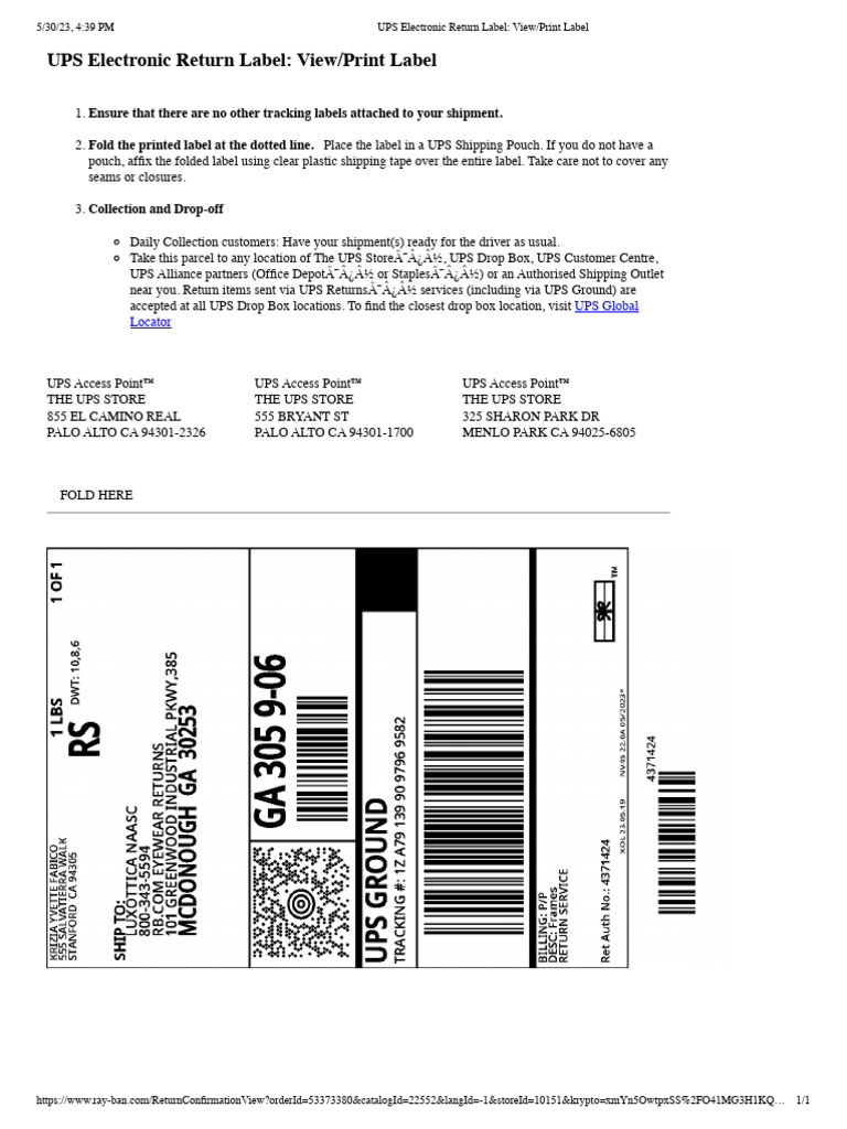 RayBan Return Label | PDF