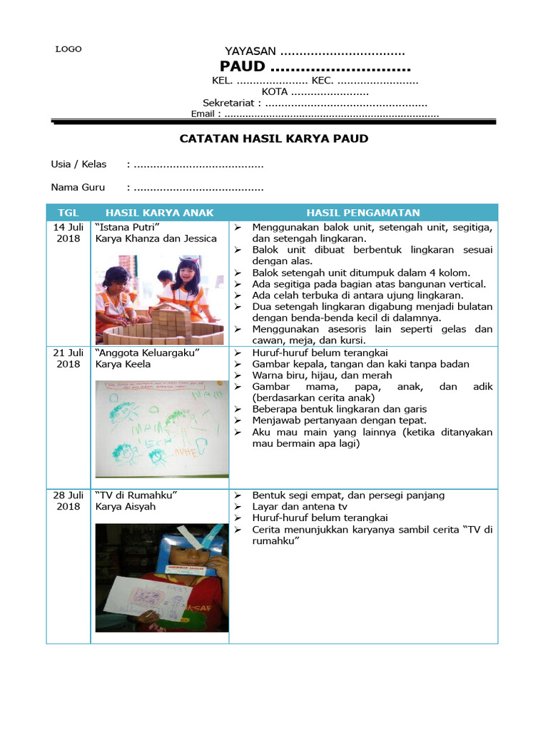 2 Contoh Catatan Hasil Karya Paud K-13 | PDF