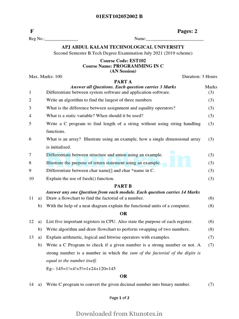 EST102-QP AN-July 2021 | PDF | Computer Program | Programming