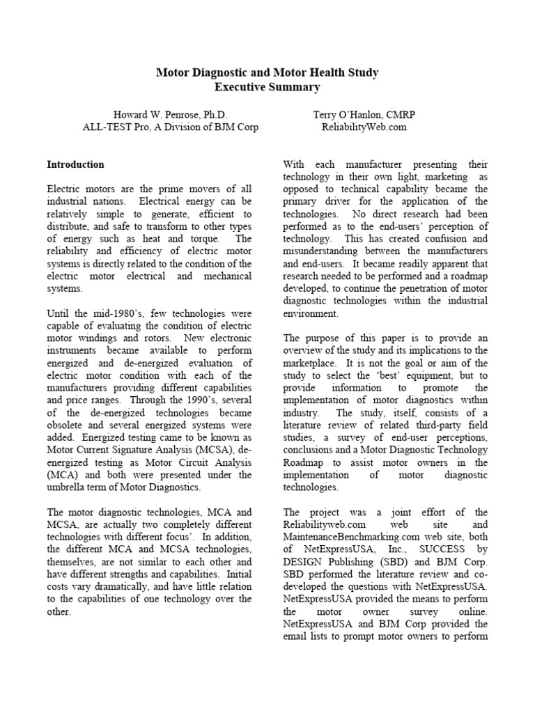 Motor Diagnostic and Motor Health Study Exec Summary | PDF ...