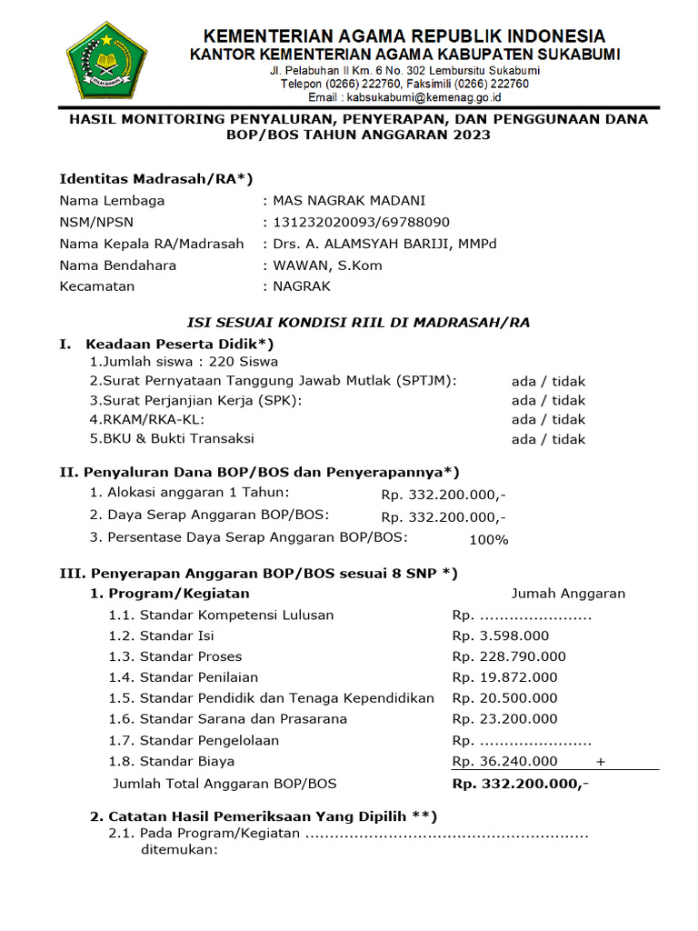 Instrumen Monev Laporan BOS 2023 | PDF