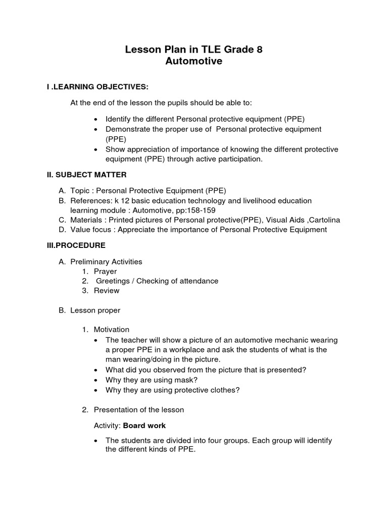 Lesson Plan in TLE Grade 8 RQA | PDF | Personal Protective Equipment | Lesson Plan
