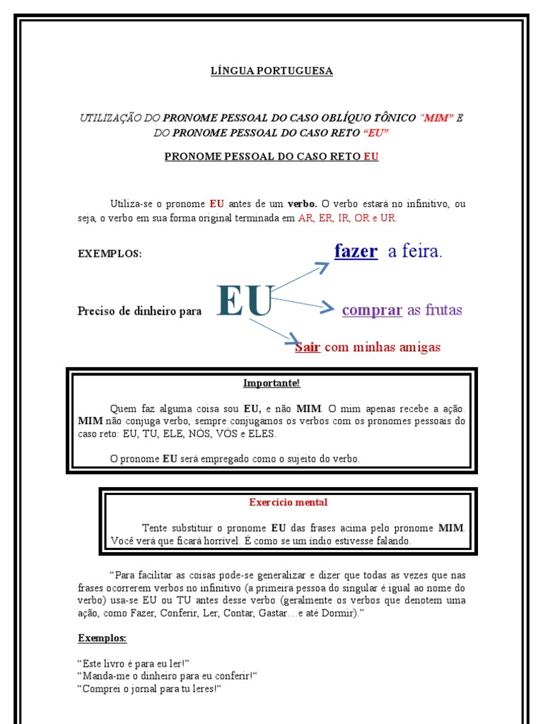 Utilização dos pronomes pessoais EU e MIM | PDF | Pronome | Assunto ...