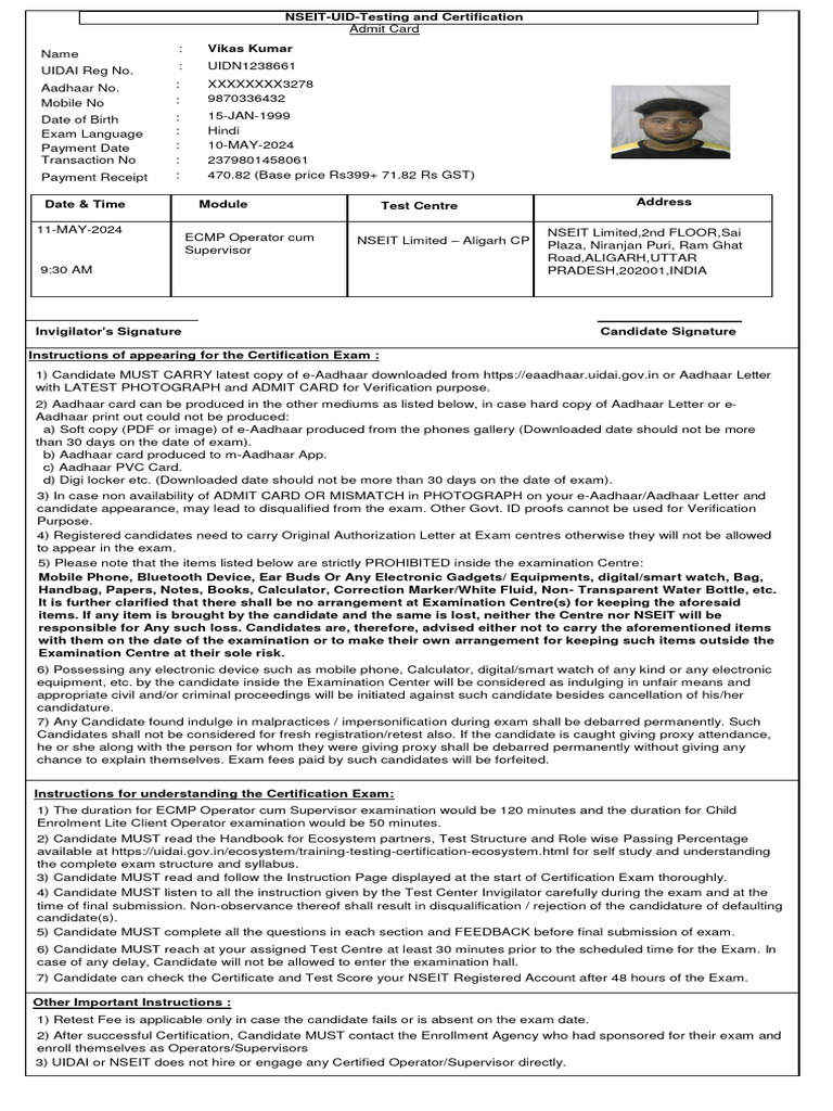 Vikas Kumar Admit Card | PDF