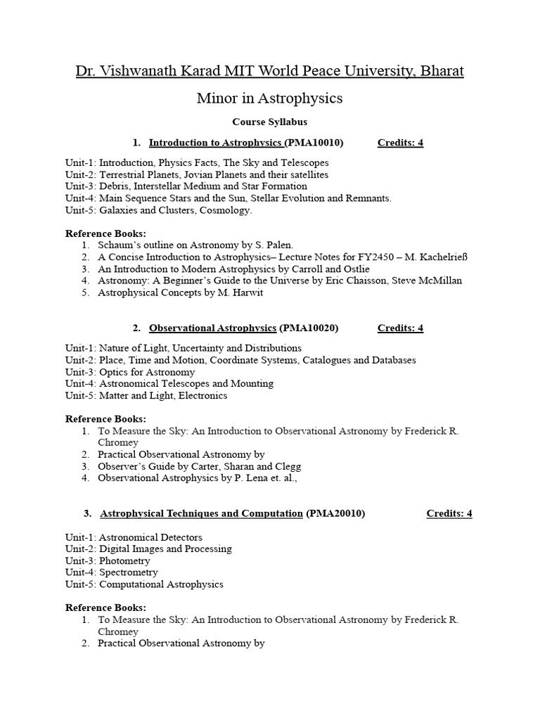Syllabus of Minor in Astrophysics, May 2024 | PDF | Astronomy | Stars