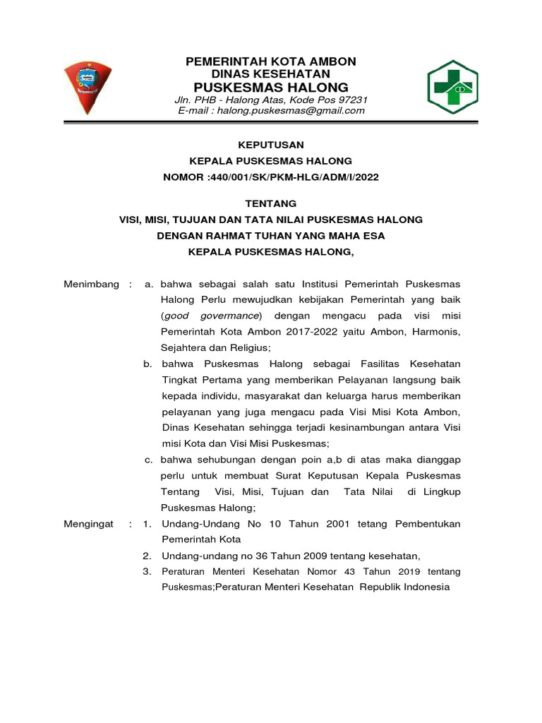 SK Tentang Visi, Misi, Tujuan Dan Nilai Puskemas Halong | PDF