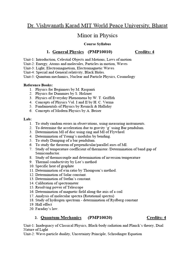 Syllabus of Minor in Physics, May 2024 - Final | Download Free PDF | Physics | Quantum Mechanics