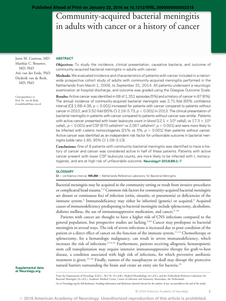 Community-Acquired Bacterial Meningitis in Adults With Cancer or A ...