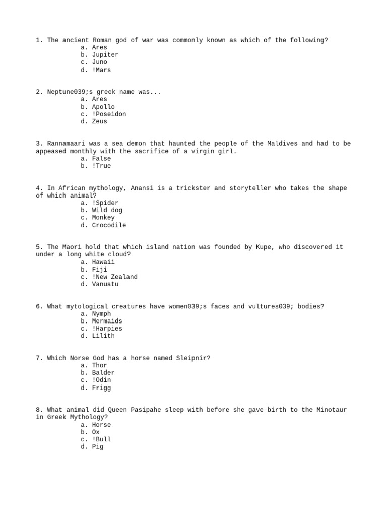 Mythology, Art, and Anime Quiz Questions | PDF | Art | Young Adult