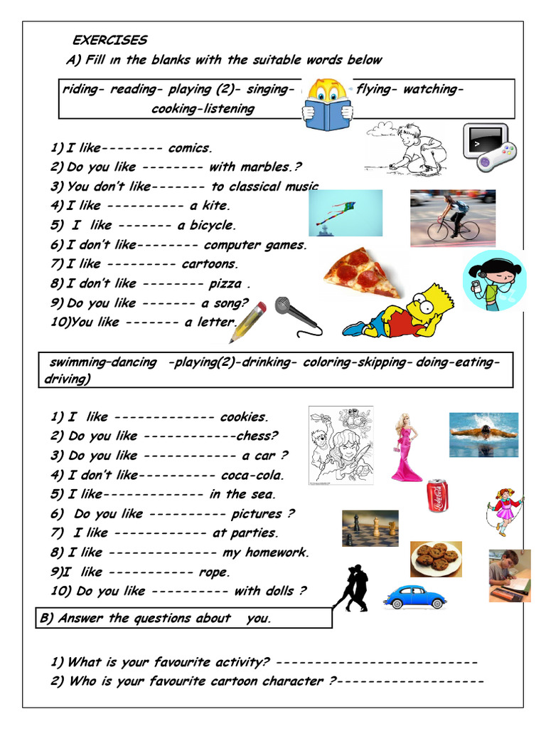 Like Verb Exercises for Class 1 | PDF