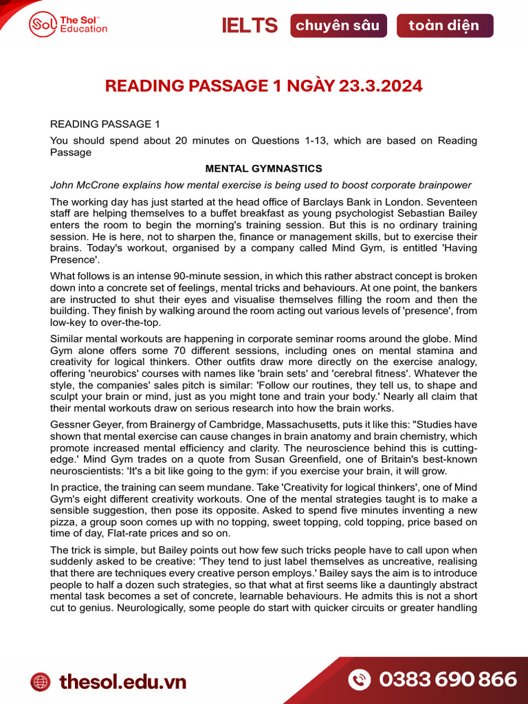 Đề IELTS Reading - Passage 1 - 23.3.2024 | Download Free PDF ...