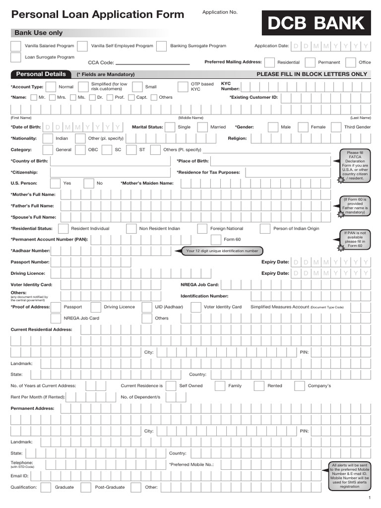 DCB Bank Personal Loan Application Form | PDF | Identity Document | Banks