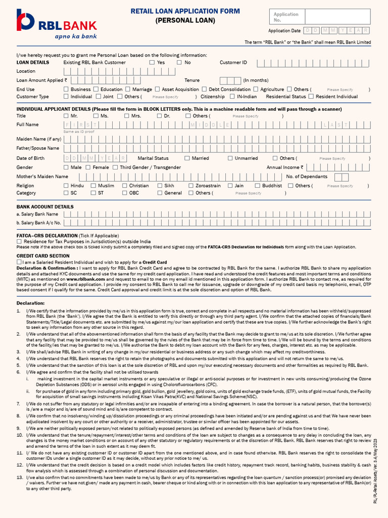 Personal Loan Application Form (RBL Bank) | PDF | Loans | Interest