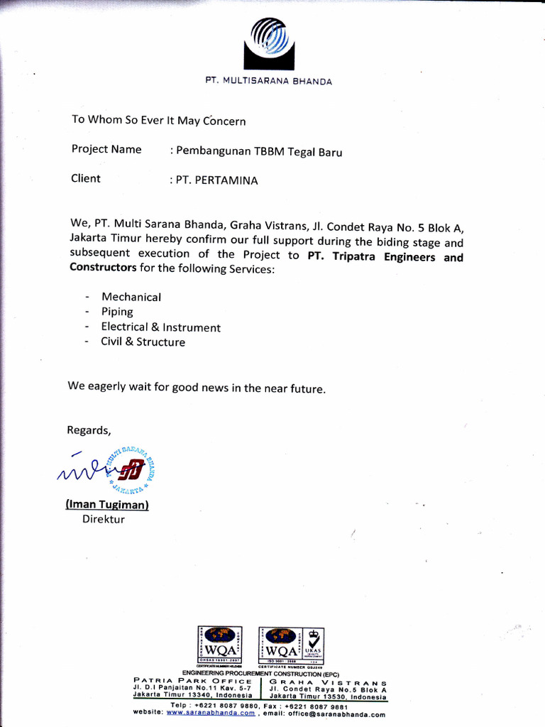 Support for Pembangunan TBBM Tegal Baru | PDF