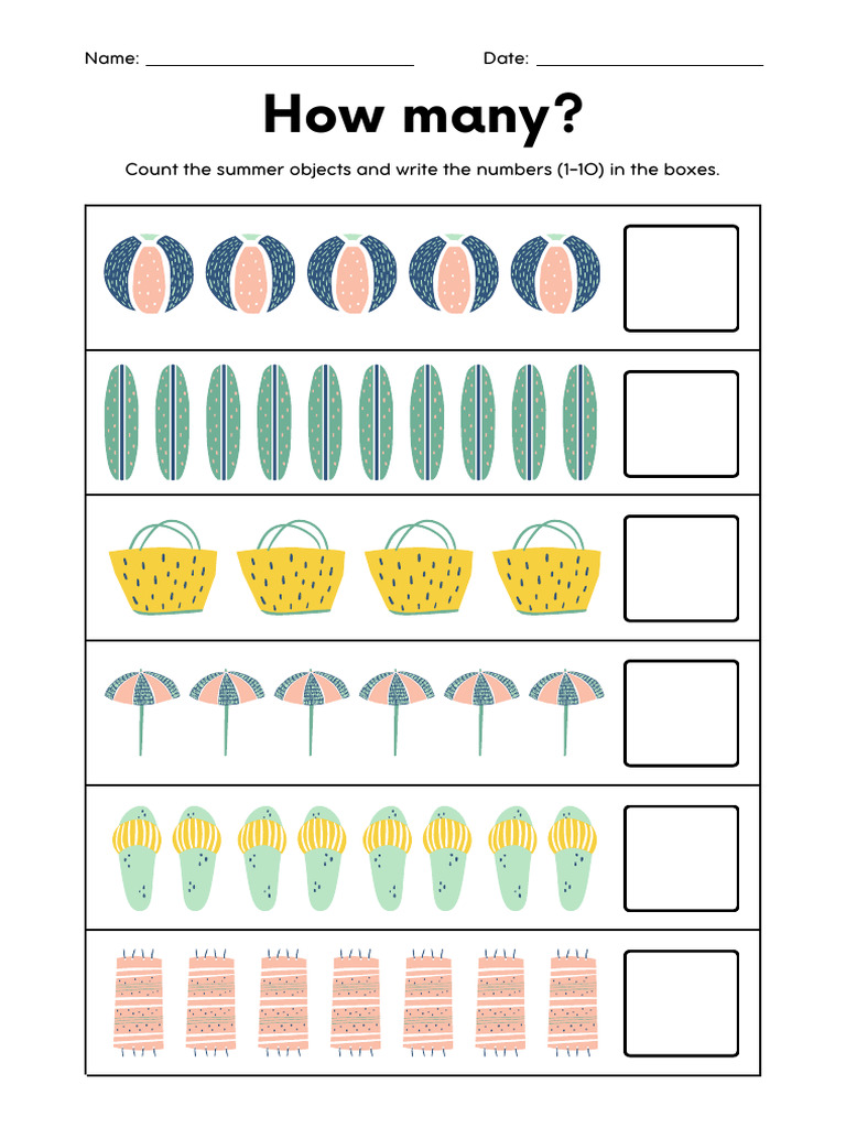 Colorful Pastel How Many Summer Objects Worksheet | PDF | Language Arts ...