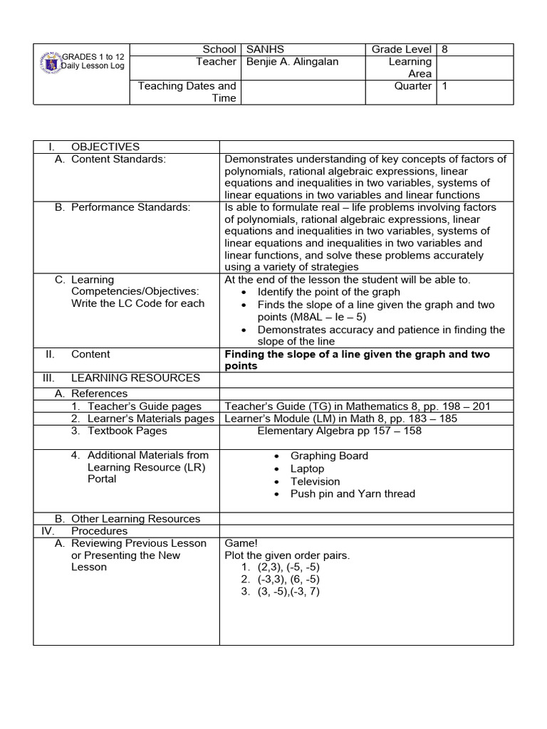 Slope of a Line Lesson Plan for Grade 8 | PDF | Equations | Linearity