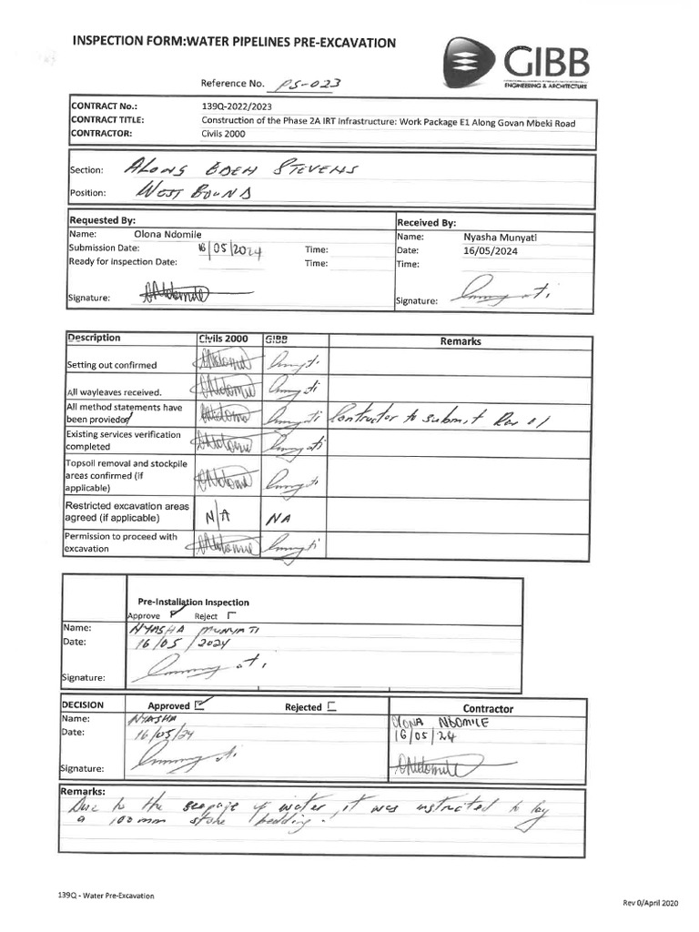 Inspection Form - Waterpipelines Pre-Excavation | PDF