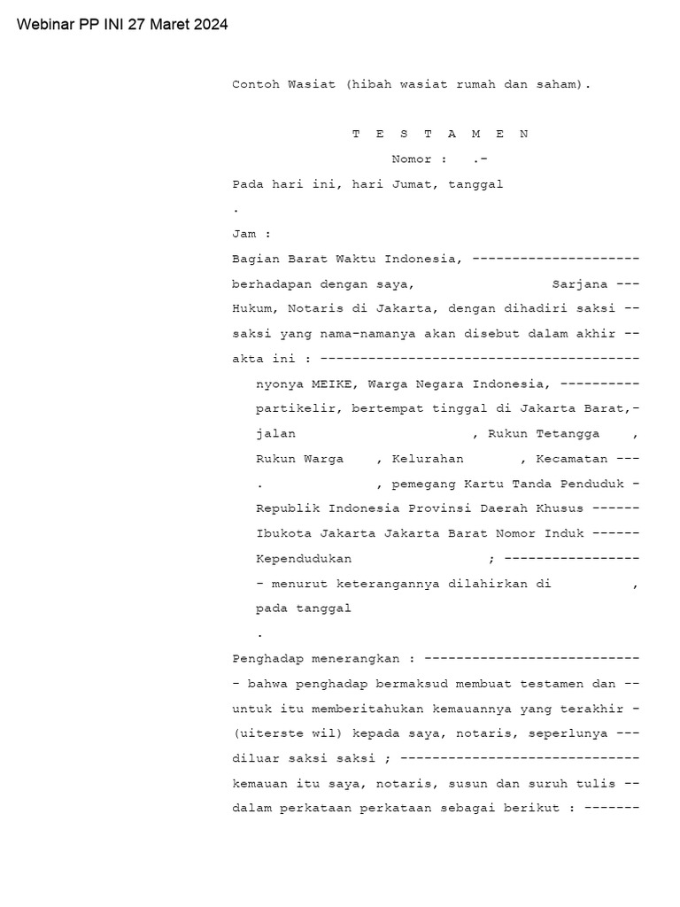 Contoh Wasiat Hibah Wasiat Rumah Dan Saham (2024) | PDF