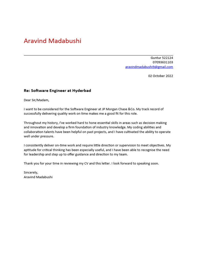 Aravind Madabushi - CoverLetter | PDF | Career & Growth | Business