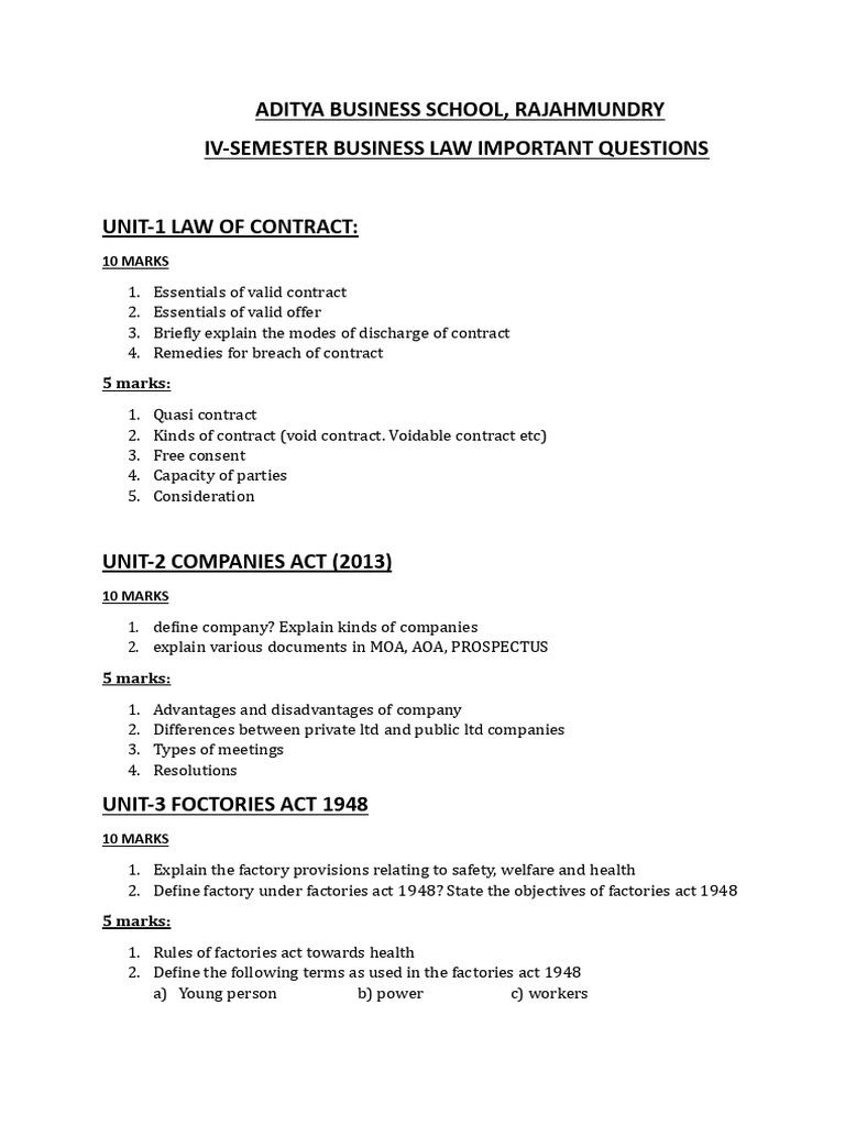 Important Business Law Questions IV Semester | PDF | Finance & Money ...