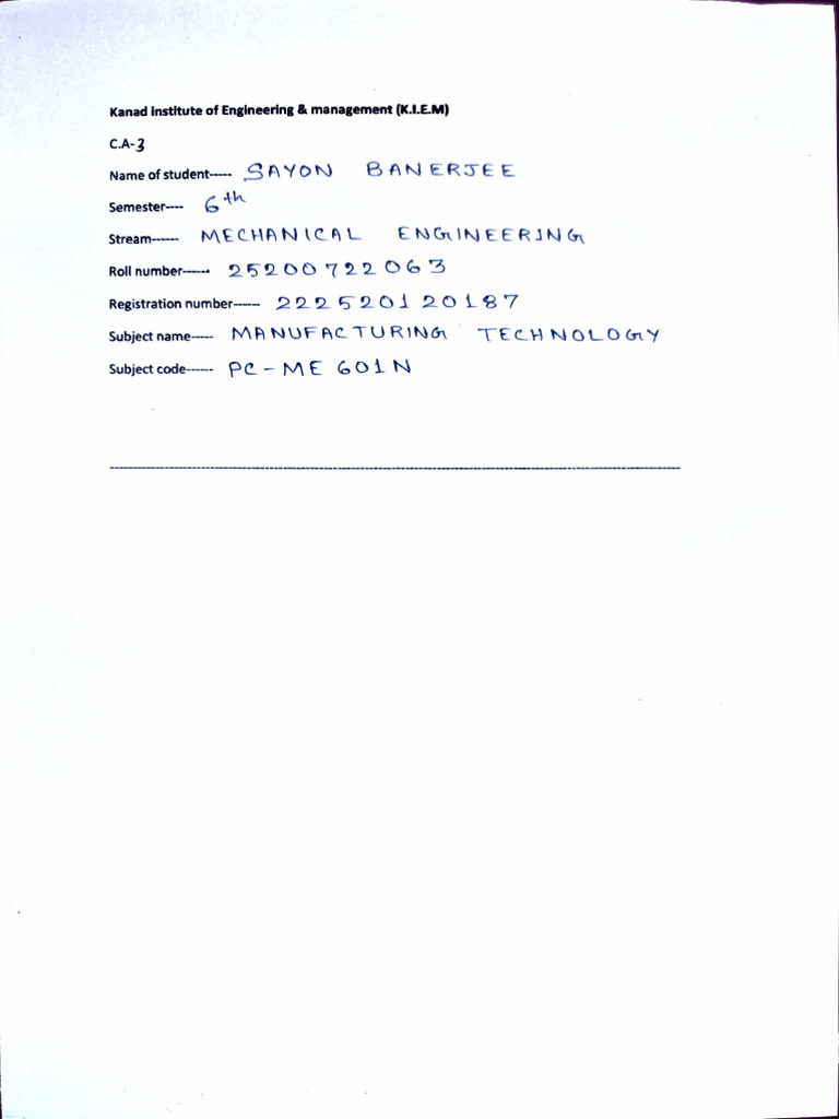 Manufacturing Technology - Sayon Banerjee - 25200722063 - Ca3 | PDF ...