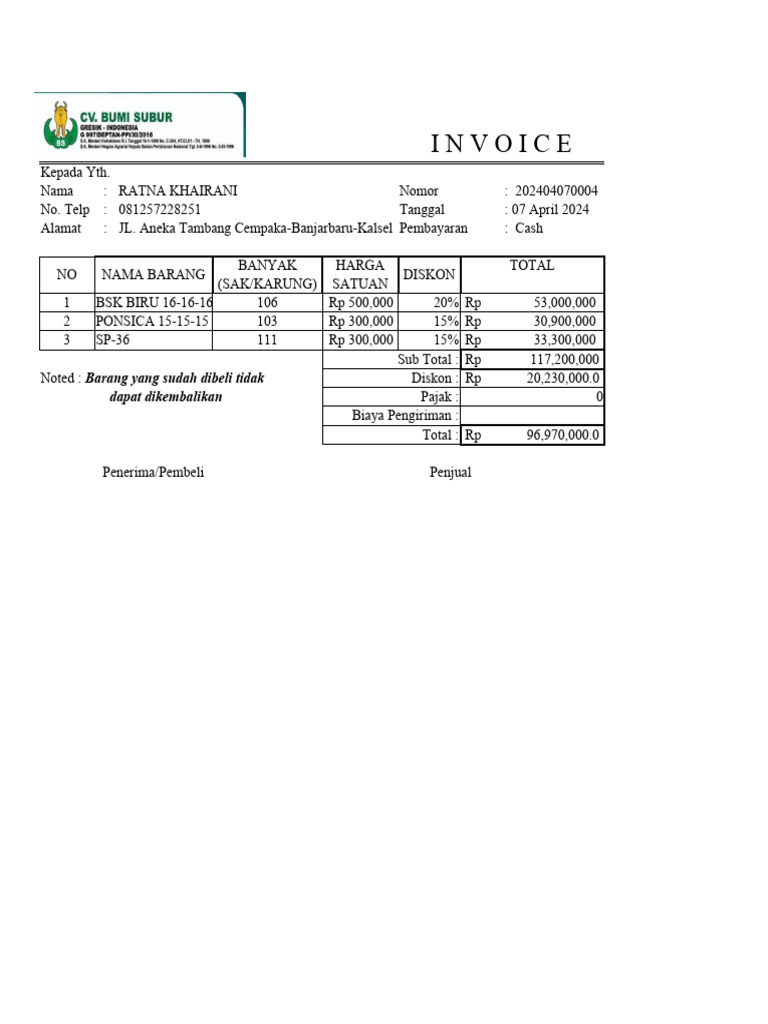 Invoice Cv. Bumi Subur | PDF