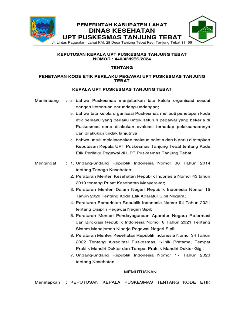 SK Tentang Penetapan Kode Etik Pegawai Puskesmas Th. 2024 PDF | PDF