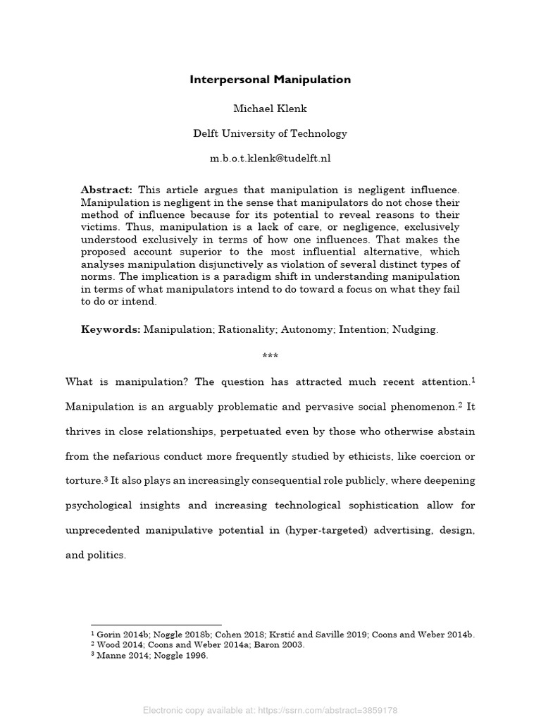 Interpersonal Manipulation Author Michael Klenk | PDF | Reason | Intention