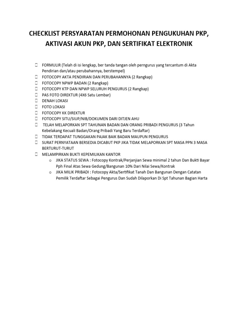 Checklist Persyaratan Permohonan Pengukuhan PKP | PDF | Pengelolaan ...