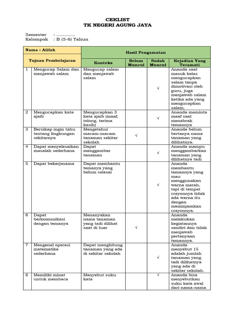 Ceklist Pembelajaran TK Agung Jaya | PDF