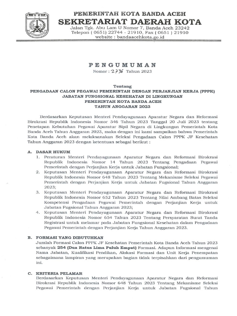 Pengumuman Pengadaan Calon PPPK JF Kesehatan Di Lingkungan Pemerintah Kota Banda Aceh TA 2023 | PDF