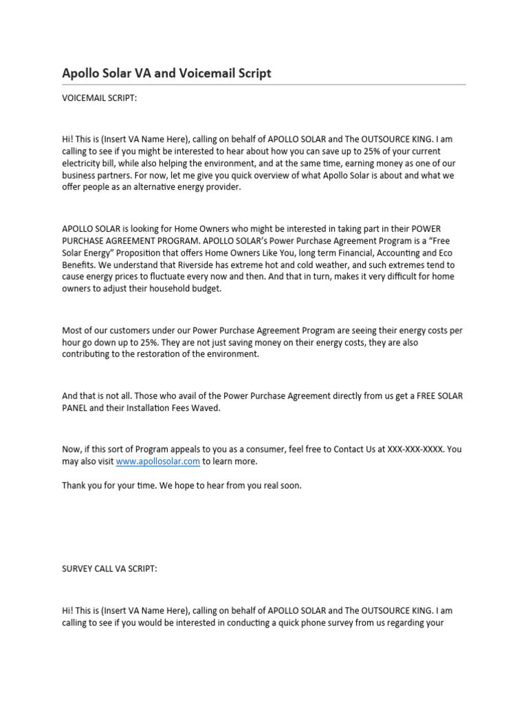 Apollo Solar VA and Voicemail Script | PDF | Solar Energy | Renewable ...