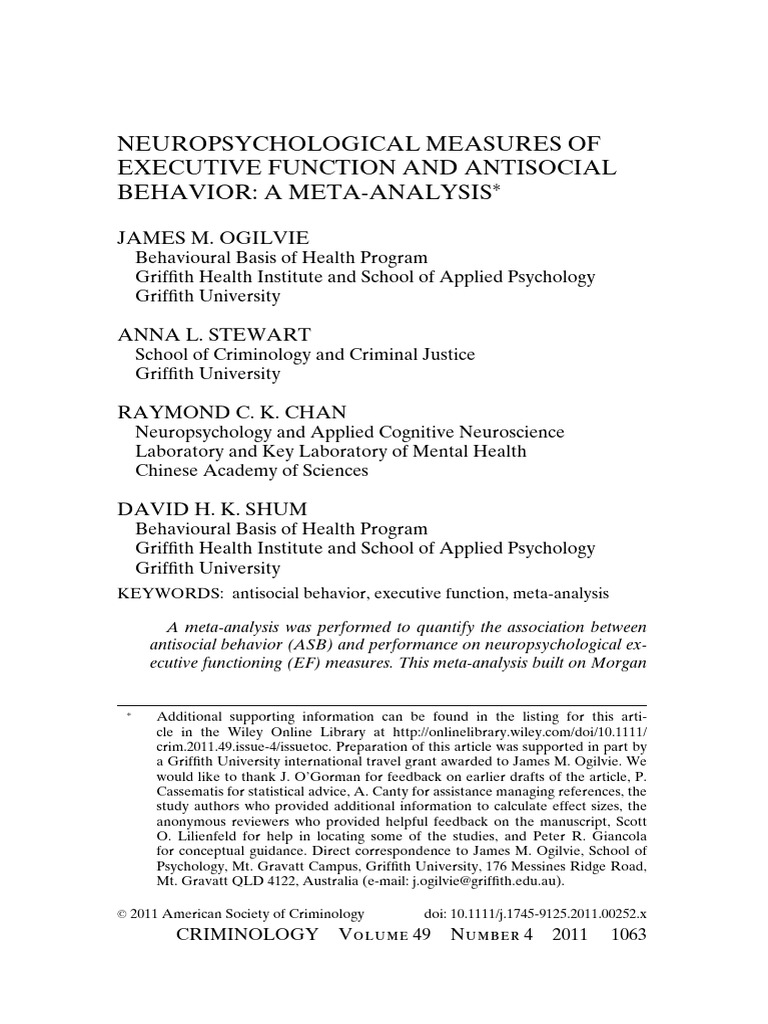 Neuropsychological Measures of Executive Function Ans Antisocial Behavior | PDF | Antisocial ...