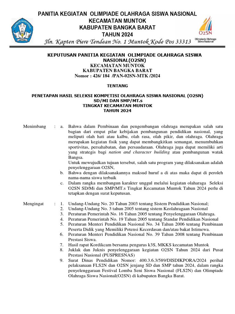 SK PEMENANG O2SN SD, SMP 2024 DINAS Rev | PDF